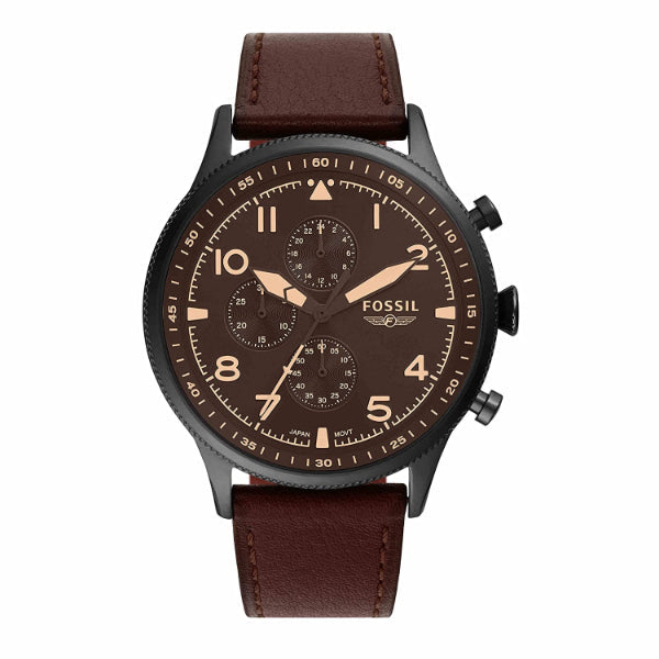 Fossil Retro Pilot Brown Leather Strap Black Dial Chronograph Quartz W ...