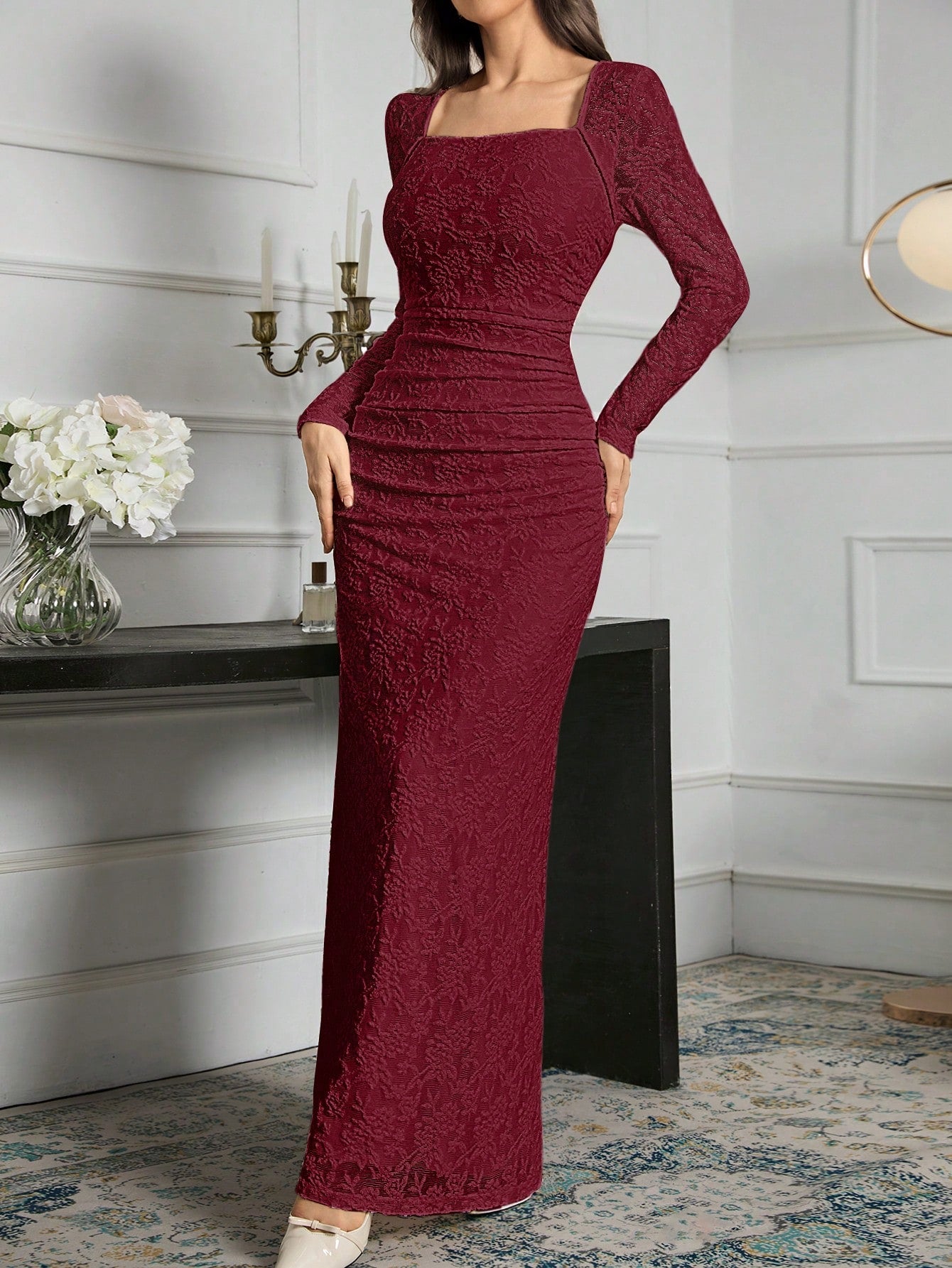 SHEIN Modelyn Elegant White Lace Slim Fit Long Dress For Women Long Ev ...