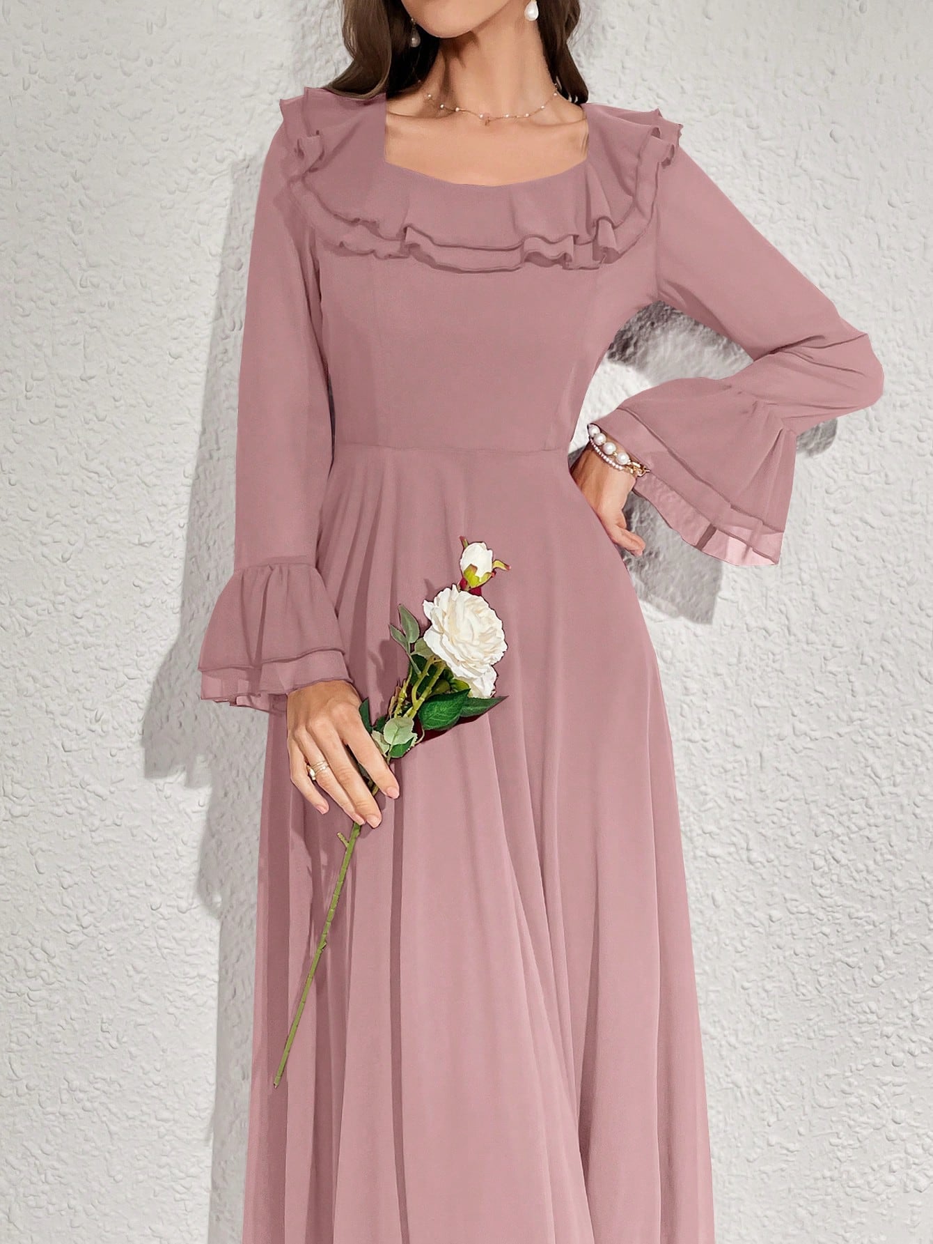 SHEIN Modelyn Women's Solid Color Ruffled Flare Sleeve Maxi Elegant Dr ...