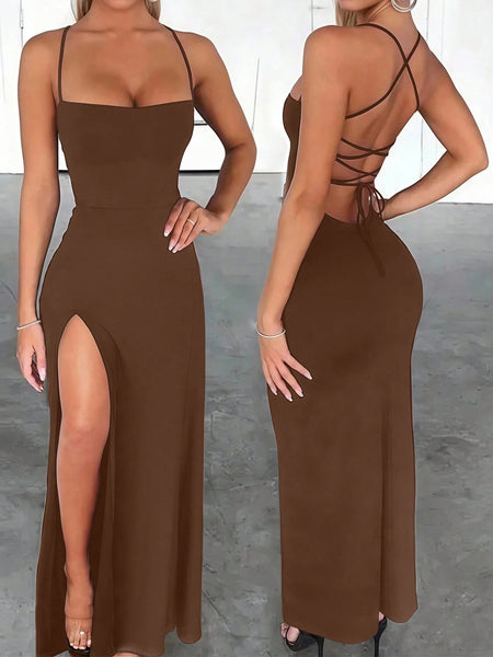 SHEIN Zyxie Fitted Sexy High Slit Criss-Cross Strap Tie-Up Long Dress ...